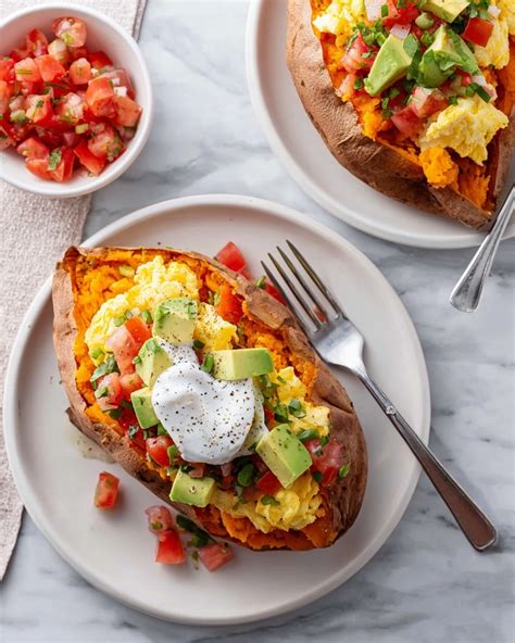 Sweet Potato Breakfast With Scrambled Eggs And Avocado Delicious And Healthy