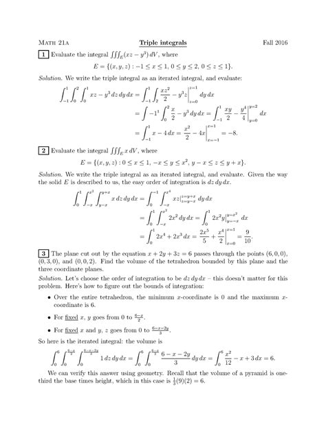 Extra Work On Solving Triple Integration Solutions Are Included Fall 2016 Triple Integrals