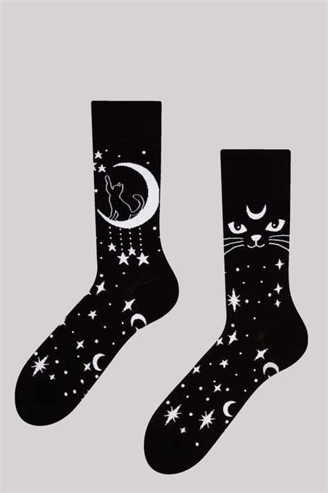 Ro Ro Cat Moon Celestial Black White Ribbed Crew Socks Ro Rox