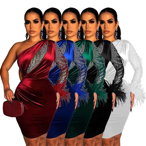 Sexy Feather Hot Rhinestone One Shoulder Party Club Mini Dress Women