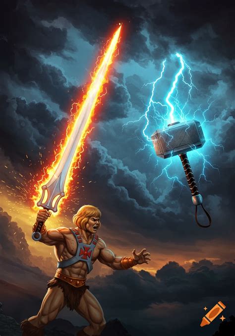 He Man Raises His Glowing Power Sword On A Rocky Outcrop Under A Stormy