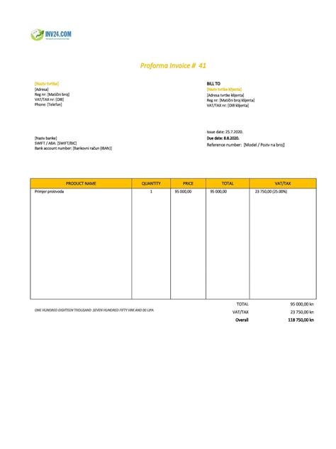 Predračun Engleski Primjer Excel