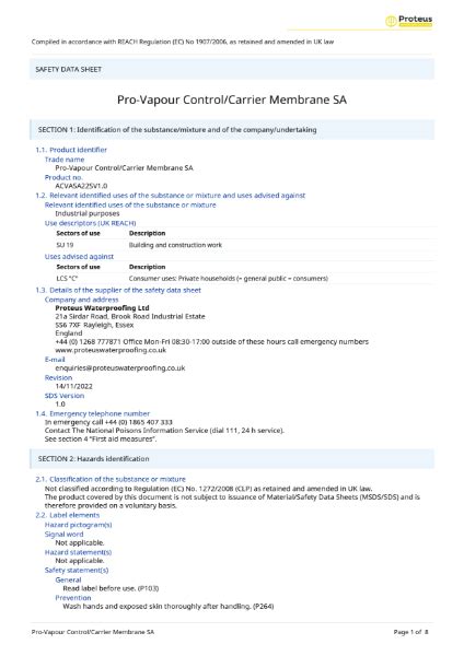 Safety Data Sheet Pro Vapour Controlcarrier Membrane Sa Nbs Source