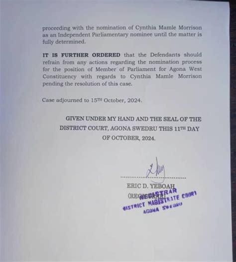 Court Injuncts Cynthia Morrison From Holding Herself As Parliamentary
