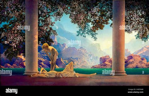 Daybreak By Maxfield Parrish Two Female Figures One Standing One Laying On Her Back Are