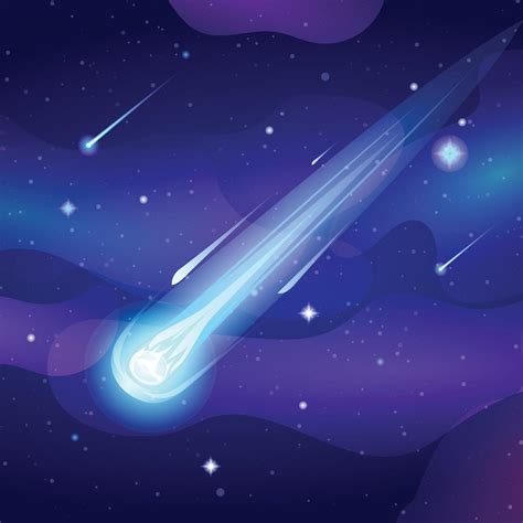 Comet Falls With Blue Fire Trail In The Starry Sky Space Asteroid Or Meteorite Flying In Night