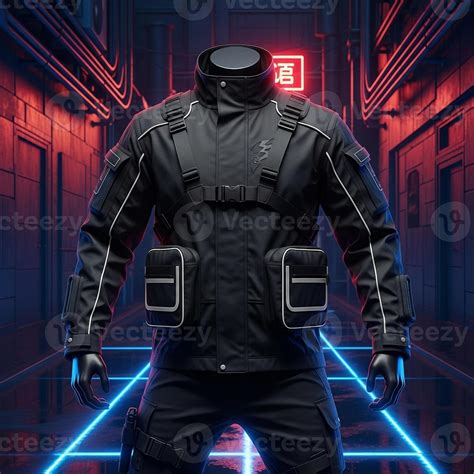 Futuristic Soldier In Dark Tactical Gear Stands In Neon Lit Cyberpunk