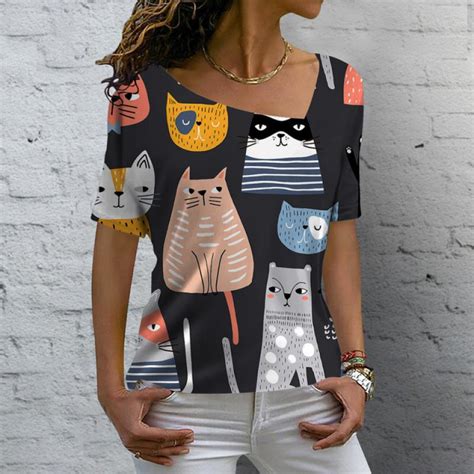 Купити Жіночі футболки з V подібним вирізом Милі коти Графічні принти Топи з короткими рукавами