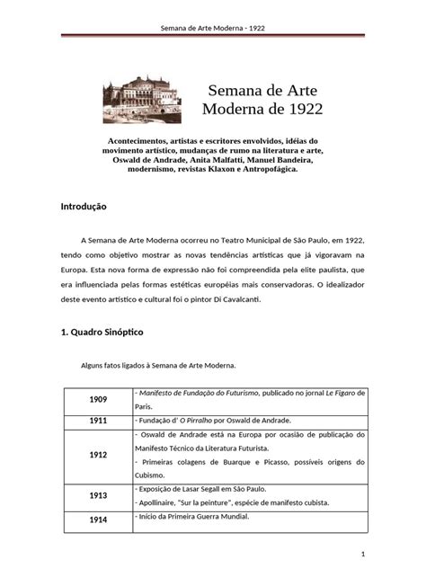 Semana De Arte Moderna 1922 E Seus Impactos Pdf Modernismo As Artes