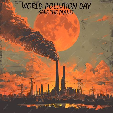A Poster For World Pollution Day With A Red Sky And Smoke Premium Ai