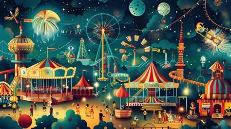 A Colorful And Whimsical Illustration Of A Carnival At Night The Ferris