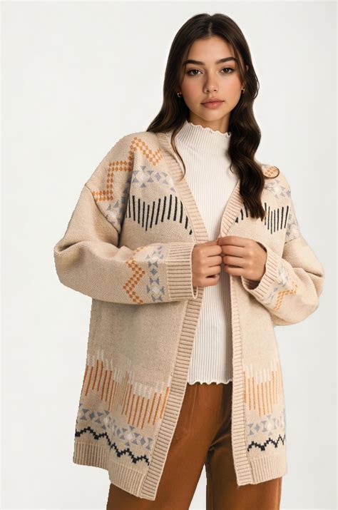 Scallop Trim Cardigan With Geometric Knit Pattern Knit And Lounge