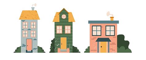 만화 코티지 세트 손으로 그린 홈 외관 텍스처 프론드 뷰 귀여운 밝은 타운 하우스와 시골 컬렉션의 가족 집 부동산 현대 디자인 플랫 벡터 고립 된 일러스트 가정 생활에 대한