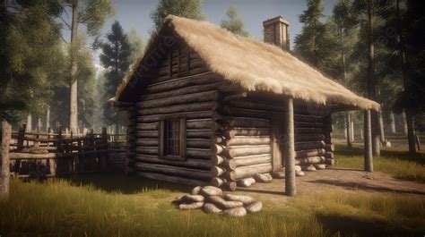 Small Log Cabin With A Straw Roof Background Picture Of Log Cabin