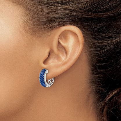 14k White Gold Real Diamond And Sapphire Hinged Hoop Earrings