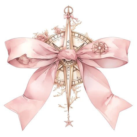 Pink Anime Watercolor Old Fashioned Compass With Sea Motifs Premium