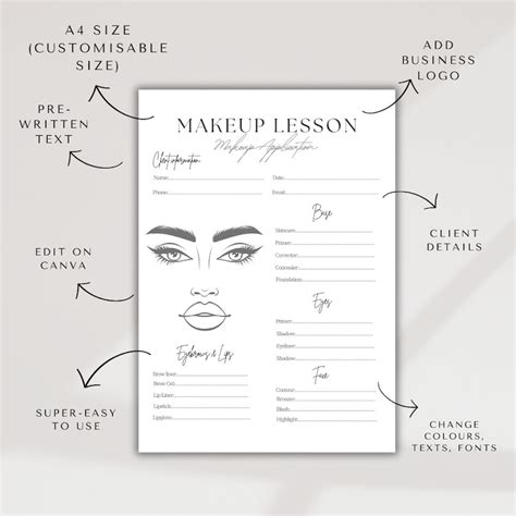 Makeup Lesson Face Chart Editable Canva Template Digital Download Etsy