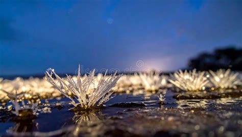 Close Up Of Delicate Ice Crystals Forming On Water Surface At Twilight