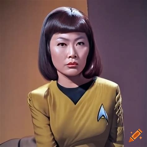 Female Korean Captain In Gold Tunic On The Bridge Of The Star Trek