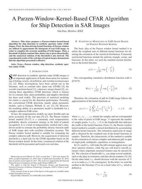 Pdf A Parzen Window Kernel Based Cfar Algorithm For Ship Detection In