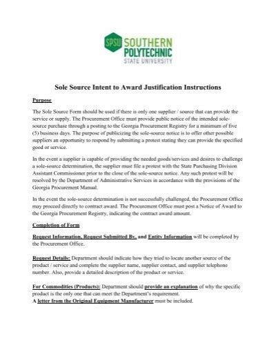 Sole Source Intent To Award Justification Instructions Southern