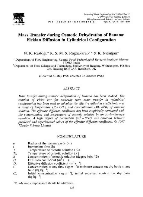 Pdf Mass Transfer During Osmotic Dehydration Of Banana Fickian
