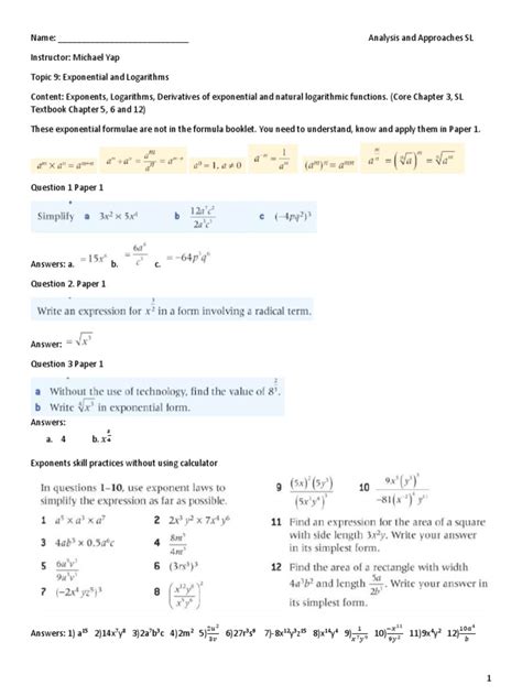 Aa Sl Topic 9 Exponential And Logarithmns Pdf Exponential Function