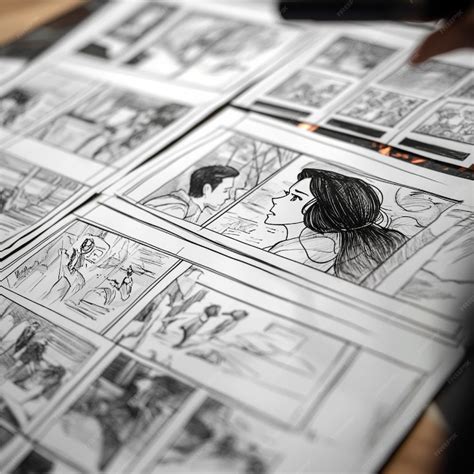A Closeup Of A Completed Storyboard Showing A Sequence Of Frames With