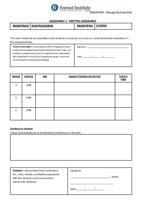 Bsbops 504 Assessment Task 1 Bsbops504 Manage Business Risk Assessment 1 Written Assessment