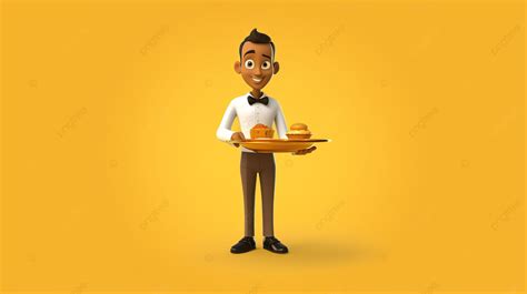 拿著托盤的服務員的卡通風格 3d 插圖 管家 服務員 餐廳工作人員背景圖片和桌布免費下載