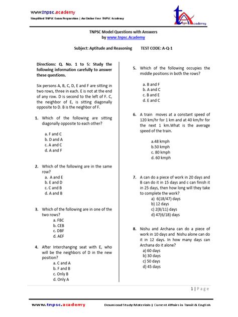 Tnpsc Academy Tnpsc Aptitude And Reasoning Model Question 1 Pdf