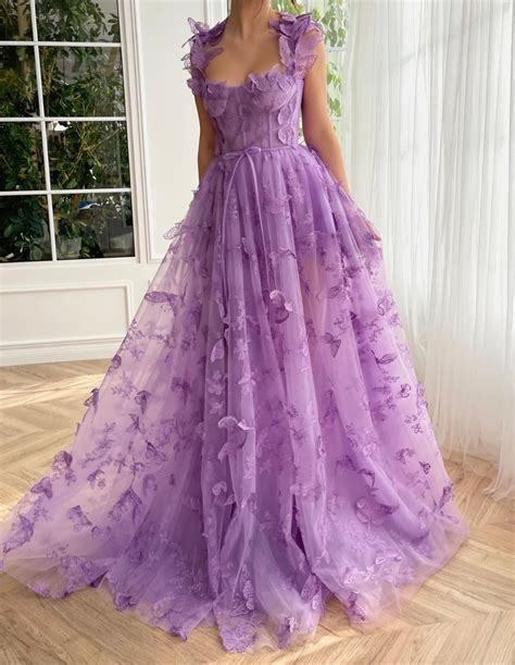 Long Tulle Prom Dress With 3d Butterflies Sexy Slit Ball Gown Evening
