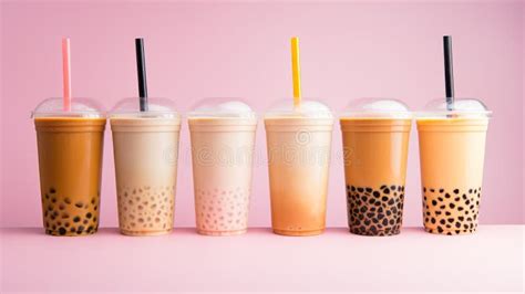 Row Of Fresh Boba Bubble Tea Glasses On A Table Stock Illustration