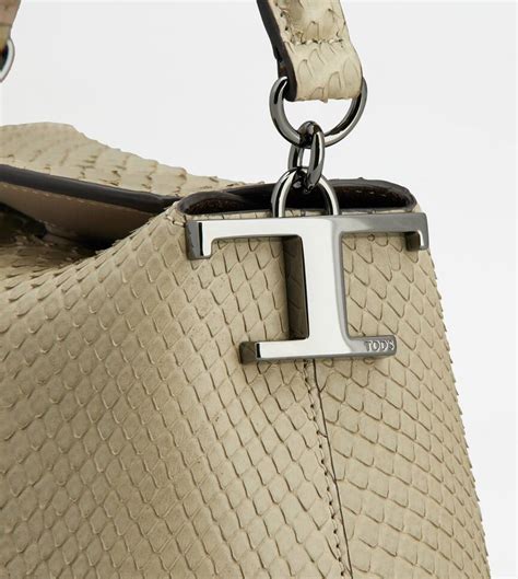 Woman Beige Tods T Case Tote Messenger Bag In Python Micro