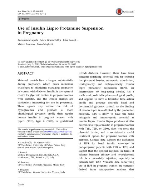 Pdf Use Of Insulin Lispro Protamine Suspension In Pregnancy