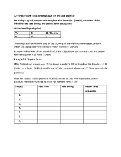Ar Verbs Subject And Verb Practice Paragraph Teaching Resources