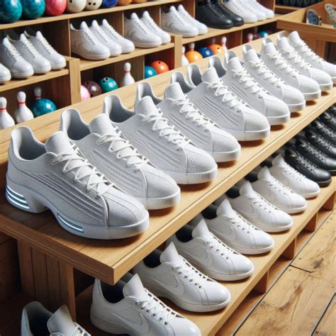 Row Of White Bowling Shoes On Display Racks Stock Illustration