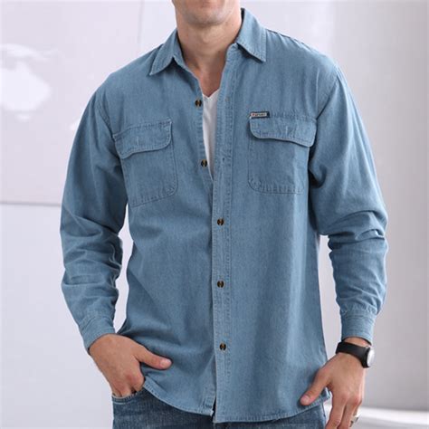 Lroveb Men Long Sleeve Shirts Casual Button Down Denim Shirts Trendy
