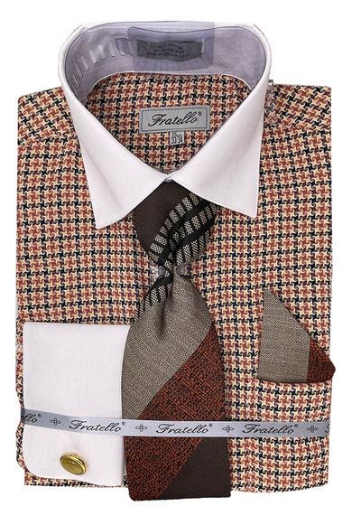 Beige Plaid Dress Shirt Set With Tie And Handkerchief Suits Outlets