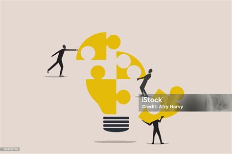 팀원 파트너는 전구 직소 퍼즐을 함께 연결합니다 비즈니스 성공 혁신 또는 창의성을 위한 팀워크 또는 파트너십을 통해 문제를 해결하고 아이디어를 브레인스토밍하거나 연결합니다