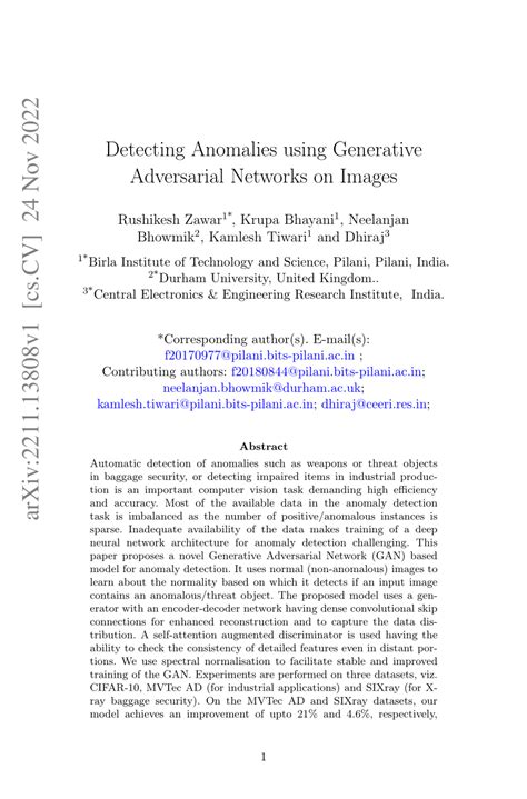 Pdf Detecting Anomalies Using Generative Adversarial Networks On Images