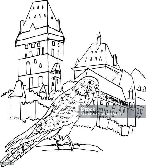 성 의 배경에 팔콘 체코 기사에 대한 중세 건물 오래된 프라하의 고대 성 선형 방식으로 벡터 그림 어린이와 성인을위한 색칠 페이지 건물 외관에 대한 스톡 벡터 아트 및 기타