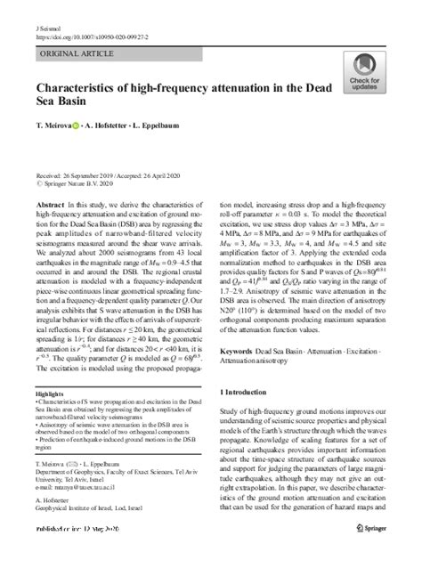 Pdf Characteristics Of High Frequency Attenuation In The Dead Sea Basin