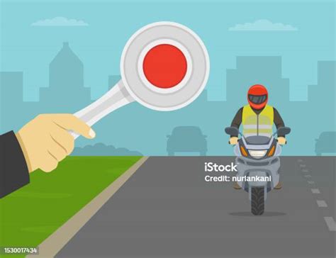 막대를 들고 있는 손의 클로즈업 보기 경찰관은 도로에서 오토바이 라이더를 멈춥니다 거리에 대한 스톡 벡터 아트 및 기타 이미지