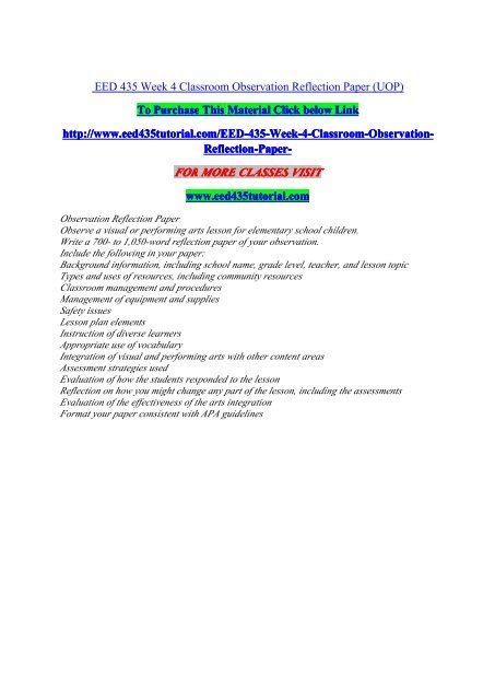 Eed 435 Week 4 Classroom Observation Reflection Paper Uophelp