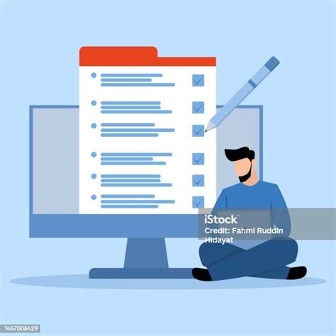 온라인 시험 개념 체크리스트 및 연필 시험 답변 선택 설문지 양식 교육 개념 설문지 작업을 완료하는 남성 캐릭터 벡터 평면 그림