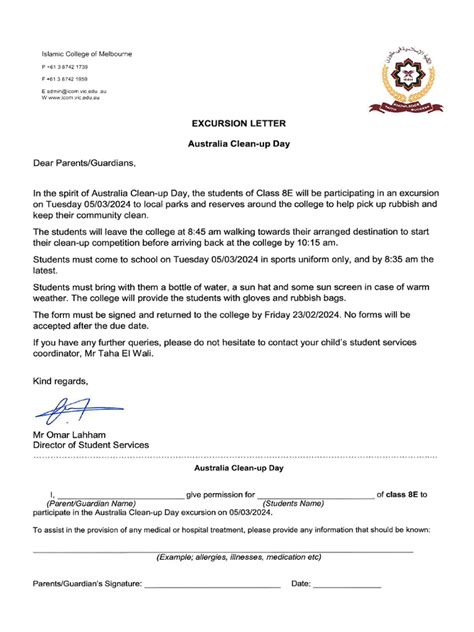 Australia Day Excursion Letter Class 8e Pdf