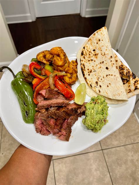 Homemade Marinated Skirt Steak And Shrimp Fajitas With Guacamole And