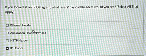 SOLVED If You Looked At An IP Datagram What Layers Payload Headers Would You See Select All