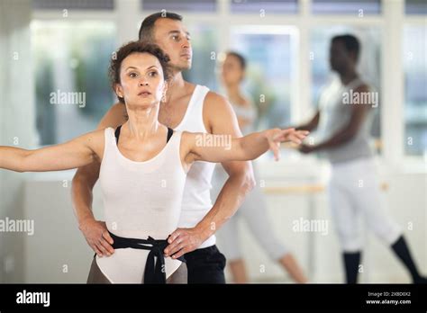 Ballet Partners Mastering Paired Technique During Group Class Stock